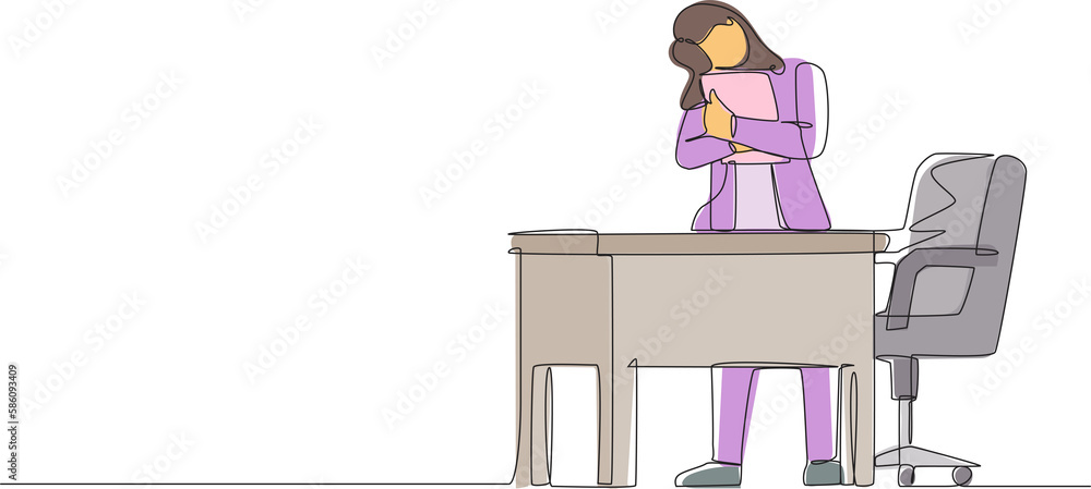 Single one line drawing business woman hugging laptop at office. Love ...