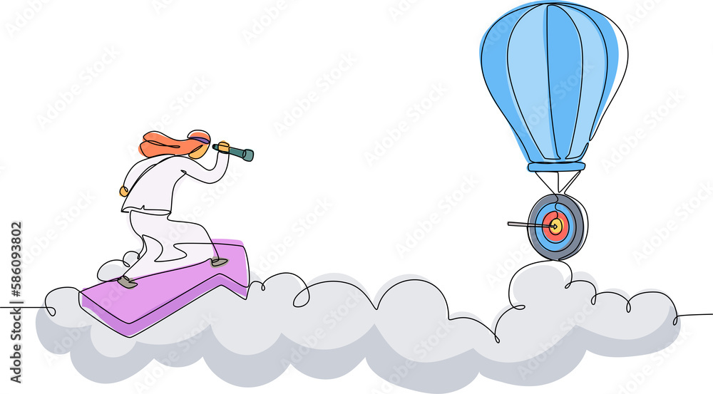 Single continuous line drawing Arabian businessman ride arrow symbol ...