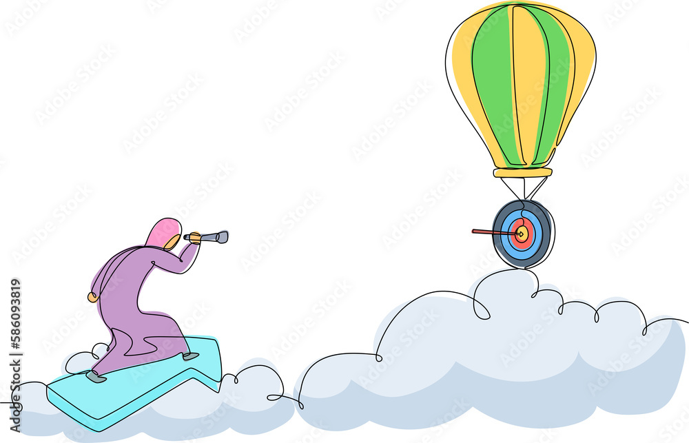 Single continuous line drawing Arab businesswoman riding forward arrow ...