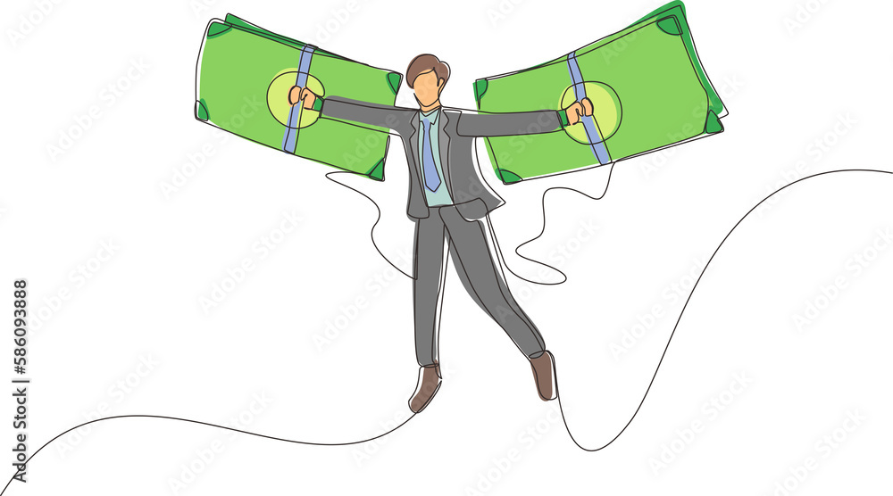 Single continuous line drawing businessman flying on money wings ...