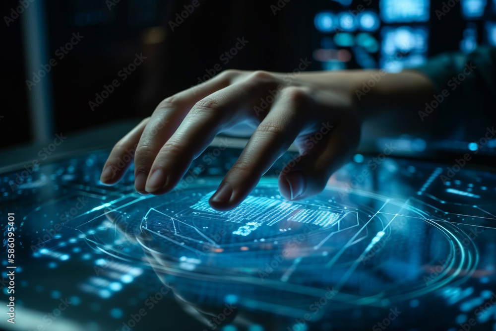 This illustration features a hand next to a futuristic touch screen ...