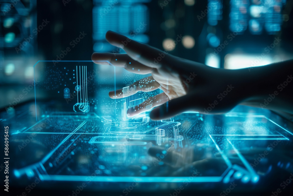 This illustration features a hand next to a futuristic touch screen ...