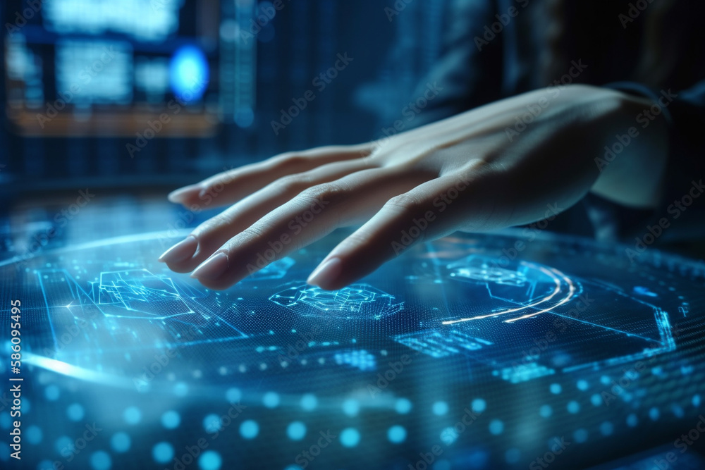 This illustration features a hand next to a futuristic touch screen, exploring information and ...