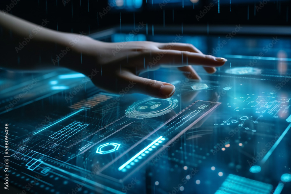 This illustration features a hand next to a futuristic touch screen ...