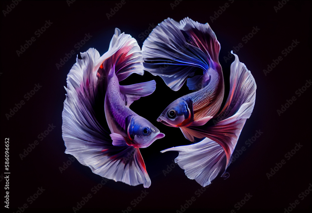 Two beautiful fish with magnificent long tails swim in a circle on a ...