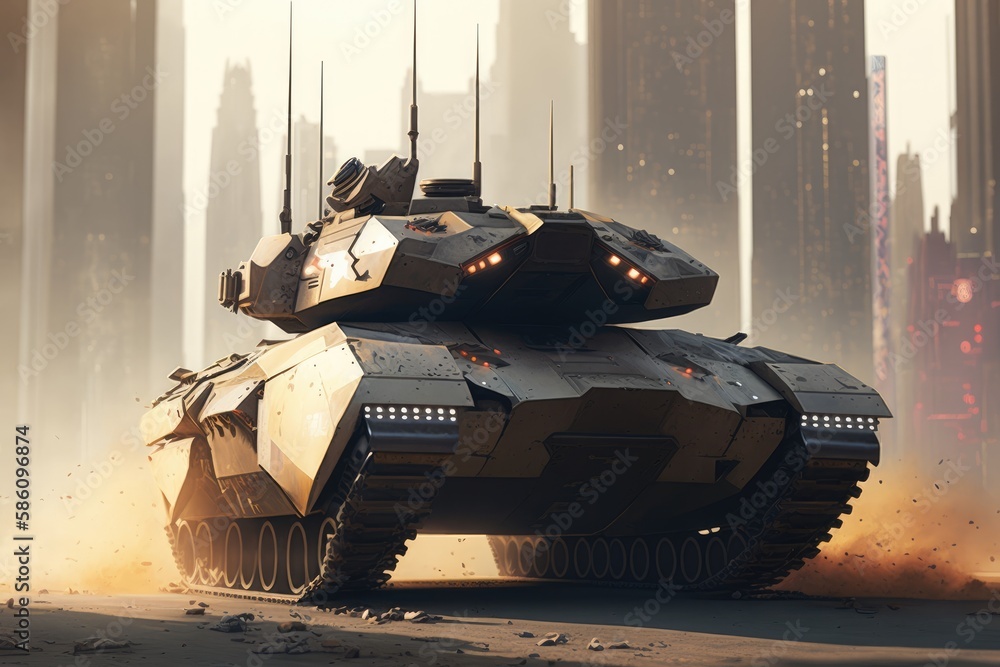 battle tank rolling through a futuristic city, with towering ...