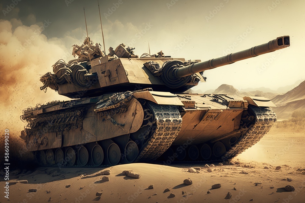 battle tank, with its cannon and machine gun at the ready, in defense ...