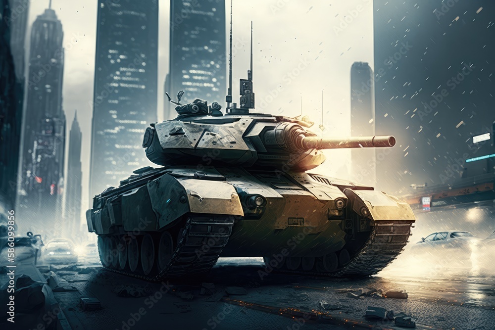 battle tank driving through city, with skyscrapers and modern buildings ...