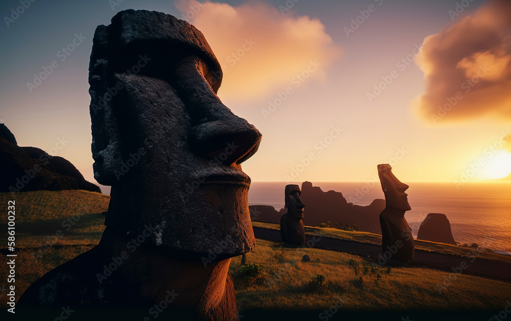 Enigmatic Moai statues at Easter Island bathed in a sunset glow ...