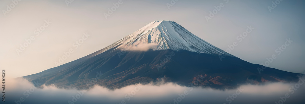 Cloud-enveloped Mount Fuji in Yamanashi, Japan, with a pristine sky ...