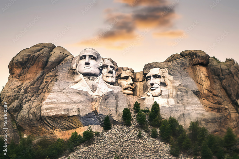 Mount Rushmore National Memorial basking in a warm sunset glow ...