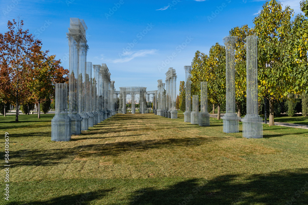City park Krasnodar. Installation of columns of an ancient Roman temple ...