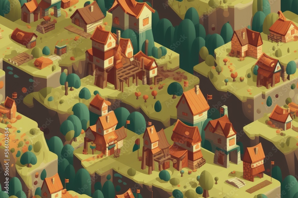 Isometric Illustrated Cartoon Cityscape Town Village Seamless Repeating ...