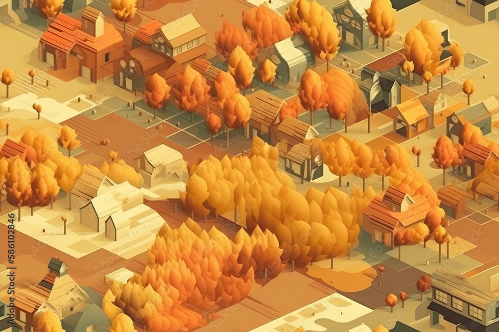 Isometric Illustrated Cartoon Cityscape Town Village Seamless Repeating ...