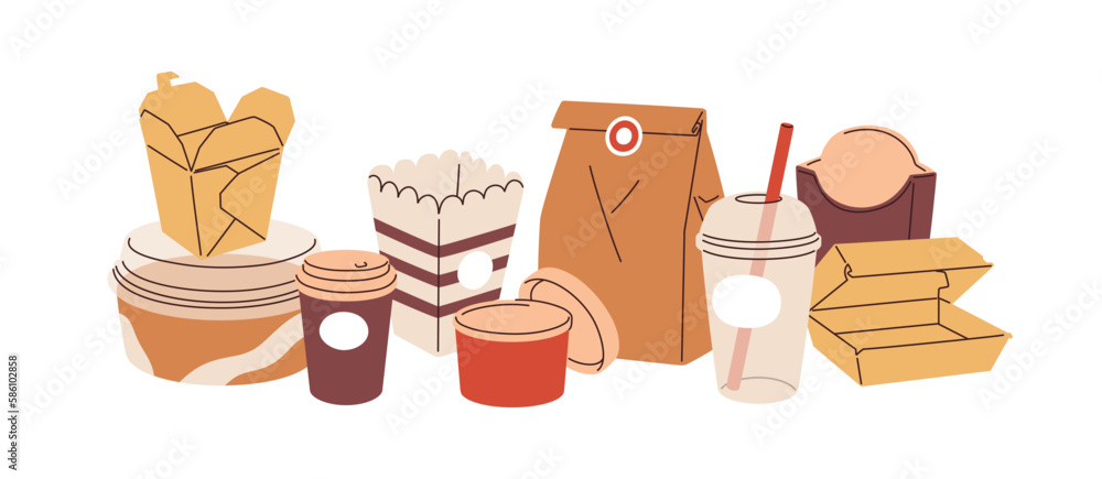 Delivery packages, cardboard boxes, containers, paper cups for takeaway ...