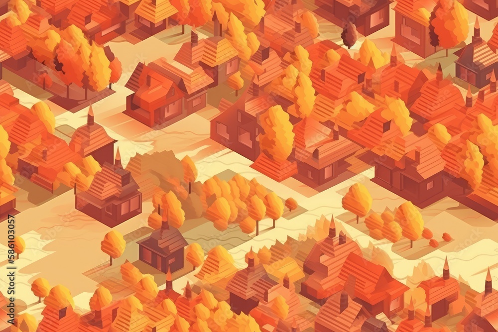 Isometric Illustrated Cartoon Cityscape Town Village Seamless Repeating ...