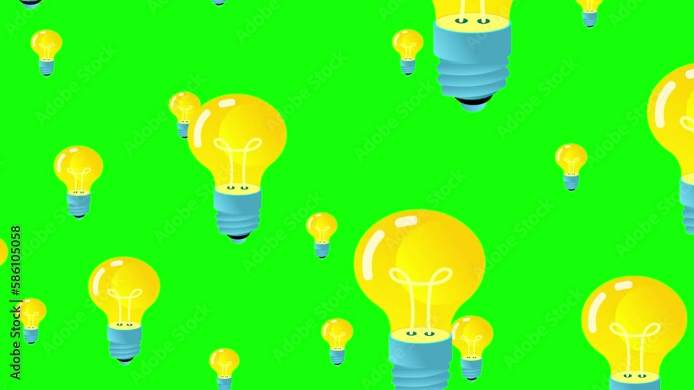 Cartoon bulbs flying on green screen background. Surrealistic isometric ...