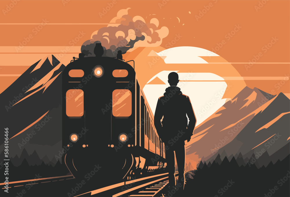 Outgoing train. Flat, orange, departing train as a symbol of a lost ...