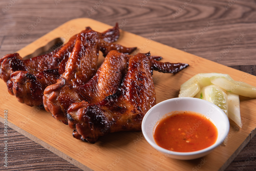 grilled bbq roasted golden honey chicken wing with spicy chilli sauce ...