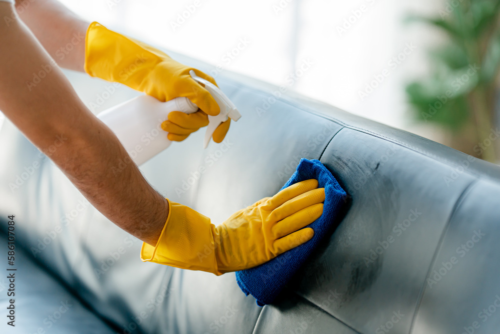 people doing cleaning are using cloths and spraying disinfectant Wipe ...