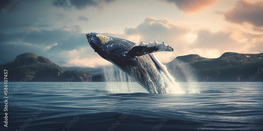 Humpback whale's powerful tail breaking the ocean surface, water ...
