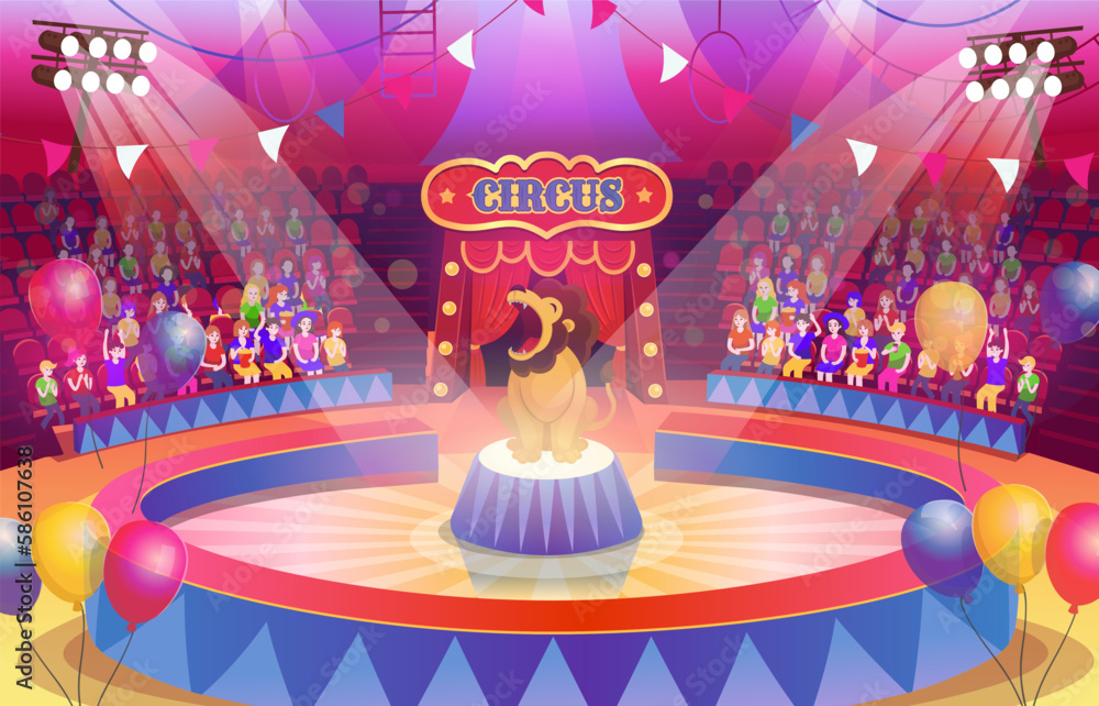 Circus arena with a round stage for the show. Many people watch the ...