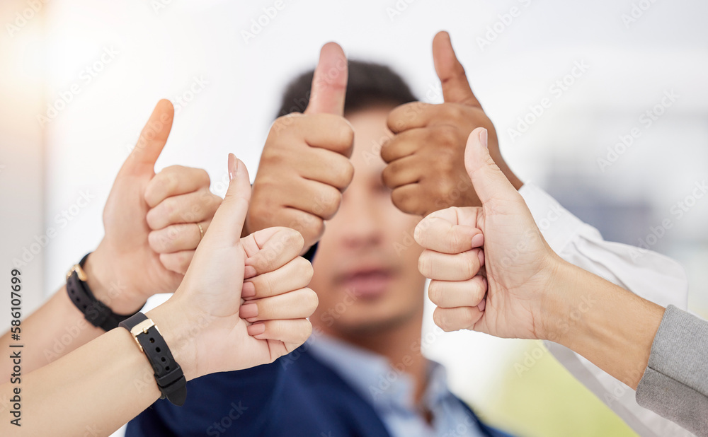 Business people, hands and thumbs up in teamwork agreement for good job ...