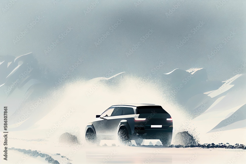 illustration of Electric SUV driving on the snow road, generative ai ...