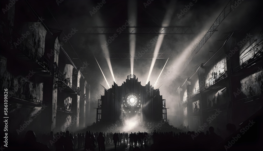 old abandoned factory. Warehouse project, dark industrial space, rave ...