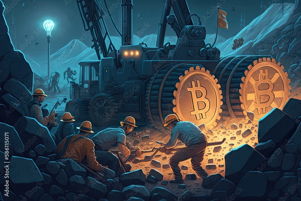 bitcoin mining operation, with workers digging and transporting precious digital ore, created ...