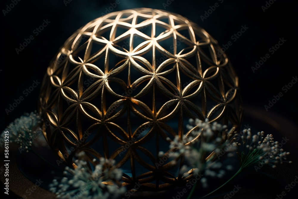 Golden cosmic Flower of Life with stars on black background, a ...