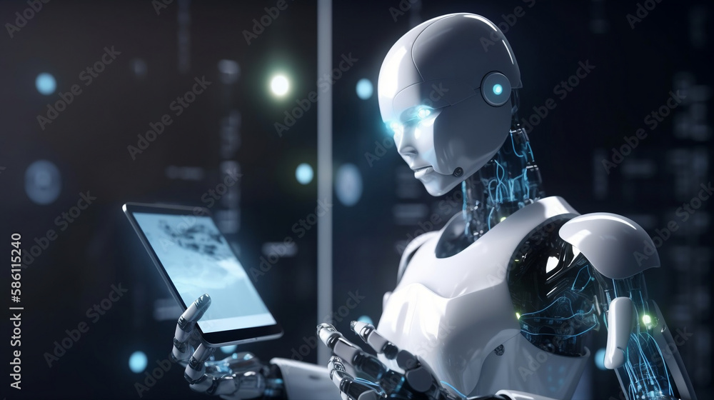 AI chat bot communicate and answer question to businessman with smart solution idea. Artificial ...