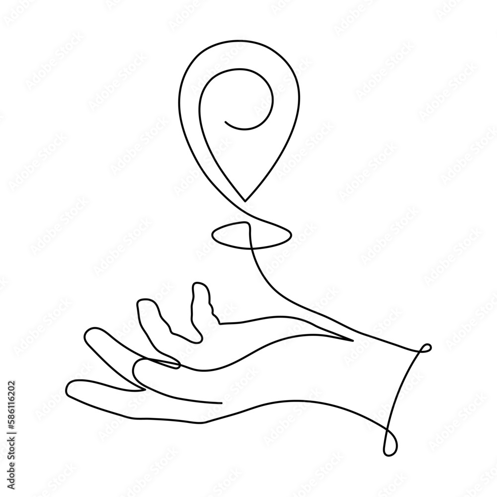 Hand holds points location at map one line art,hand drawn way ...