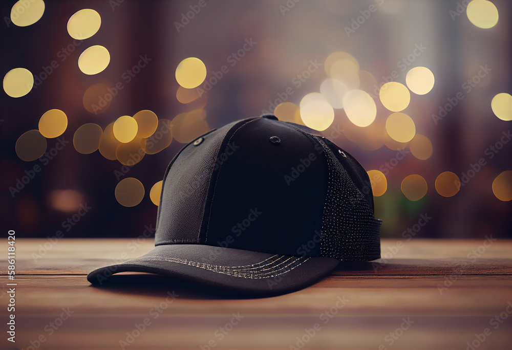 Blank Black Hat Template Mockup on Wooden Surface in Modern Interior ...