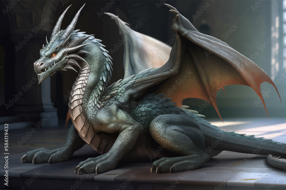 Large fantasy dragon is lying on the floor of the castle. Full body ...