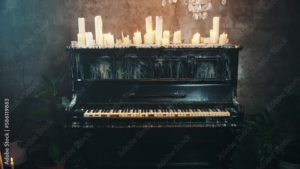 Dark gothic royal room musical instrument black piano many white ...