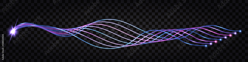 Fiber optic wave, swirl fibre line, electric impulse cable. Neon ...