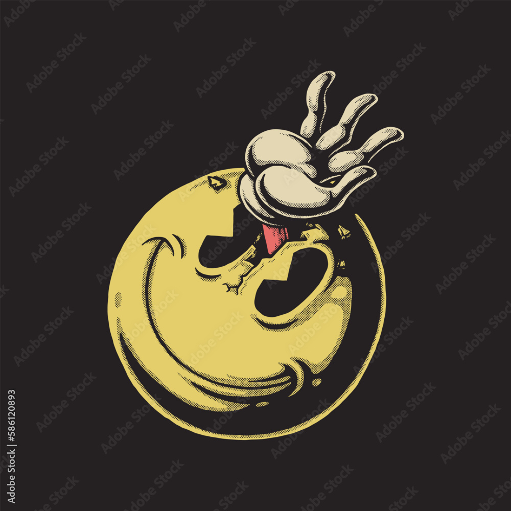 Cartoon illustration of a hand comes out from the smile icon with retro ...