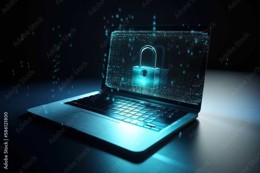 Cyber Security Concept Art: Shield Key Lock Emerging from Laptop Screen ...