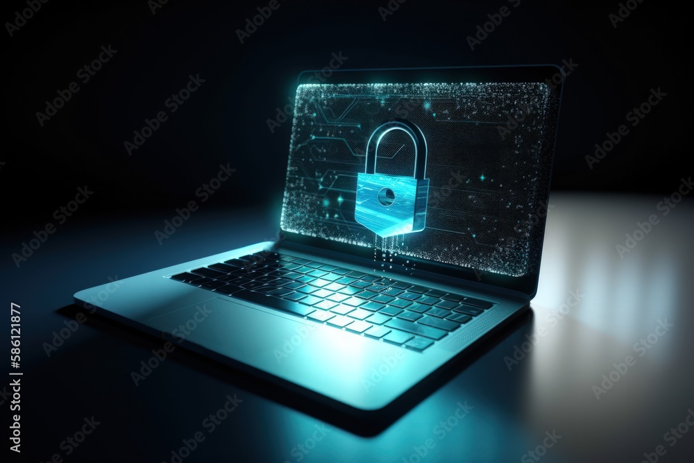 Cyber Security Concept Art: Shield Key Lock Emerging from Laptop Screen ...