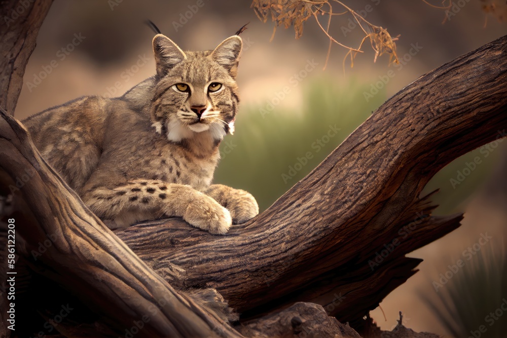bobcat perched on tree branch, surveying its domain, created with ...