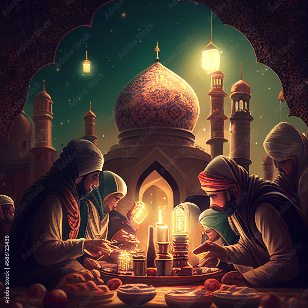 muslim family celebrate ramadan by eating iftar, generative AI Stock ...