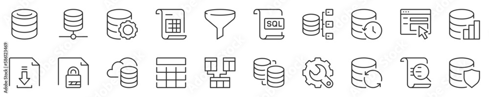 Database and data technology concepts thin line icon set. Symbol ...