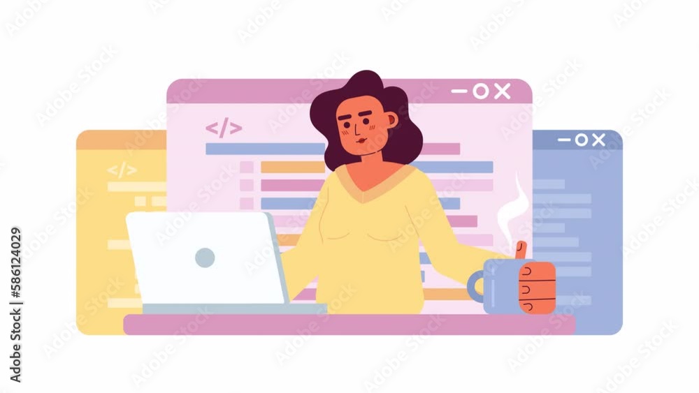 Animated writing code job. Applications, software programming. Woman ...