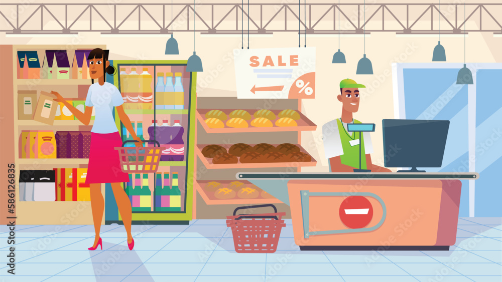 Concept Food market with people scene in the background cartoon style ...