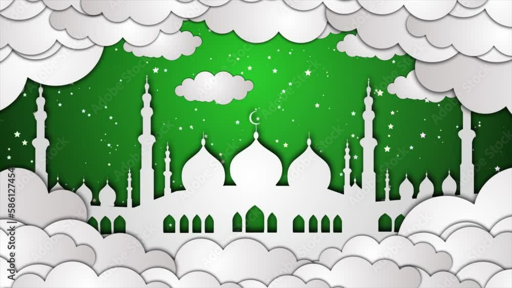 Ramadan Kareem Eid Mubarak Animation With White Mosque And White Cloud ...