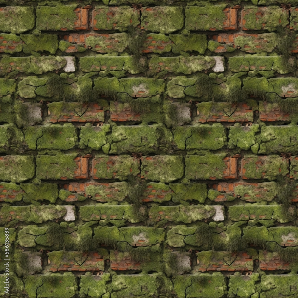 Seamless pattern of an old brick wall with cracks and moss. Bricks ...
