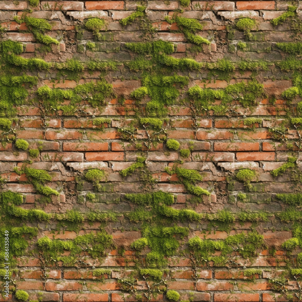Seamless pattern of an old brick wall with cracks and moss. Bricks ...