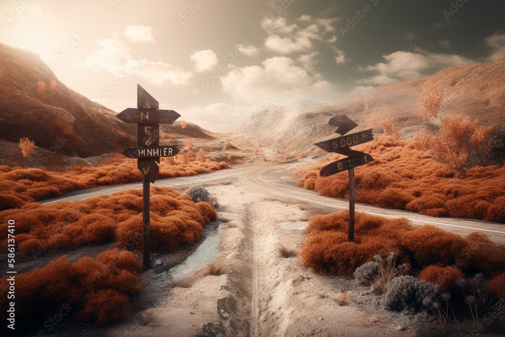 Surreal landscape with a split road and signpost arrows showing two ...