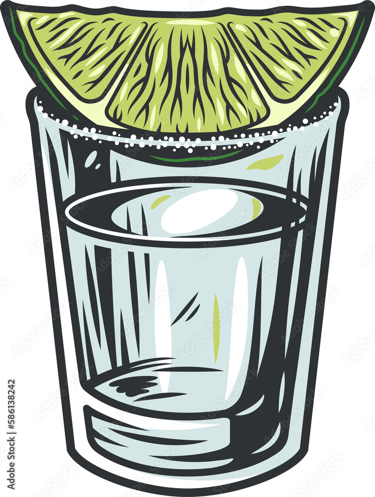 Tequila shot with lime and salt. Hand drawn illustration converted to ...